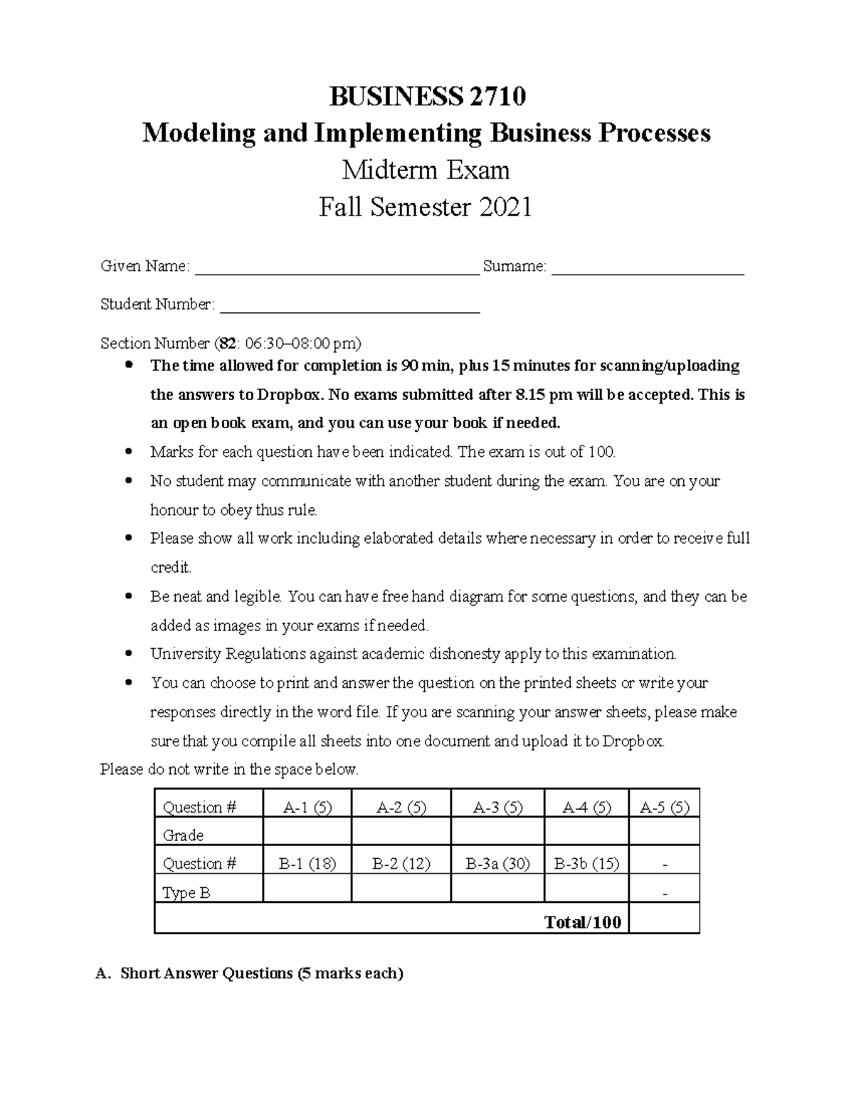 Final practice 1 - mid term 1 and 2 and 3 - BUSINESS 2710 Modeling and ...