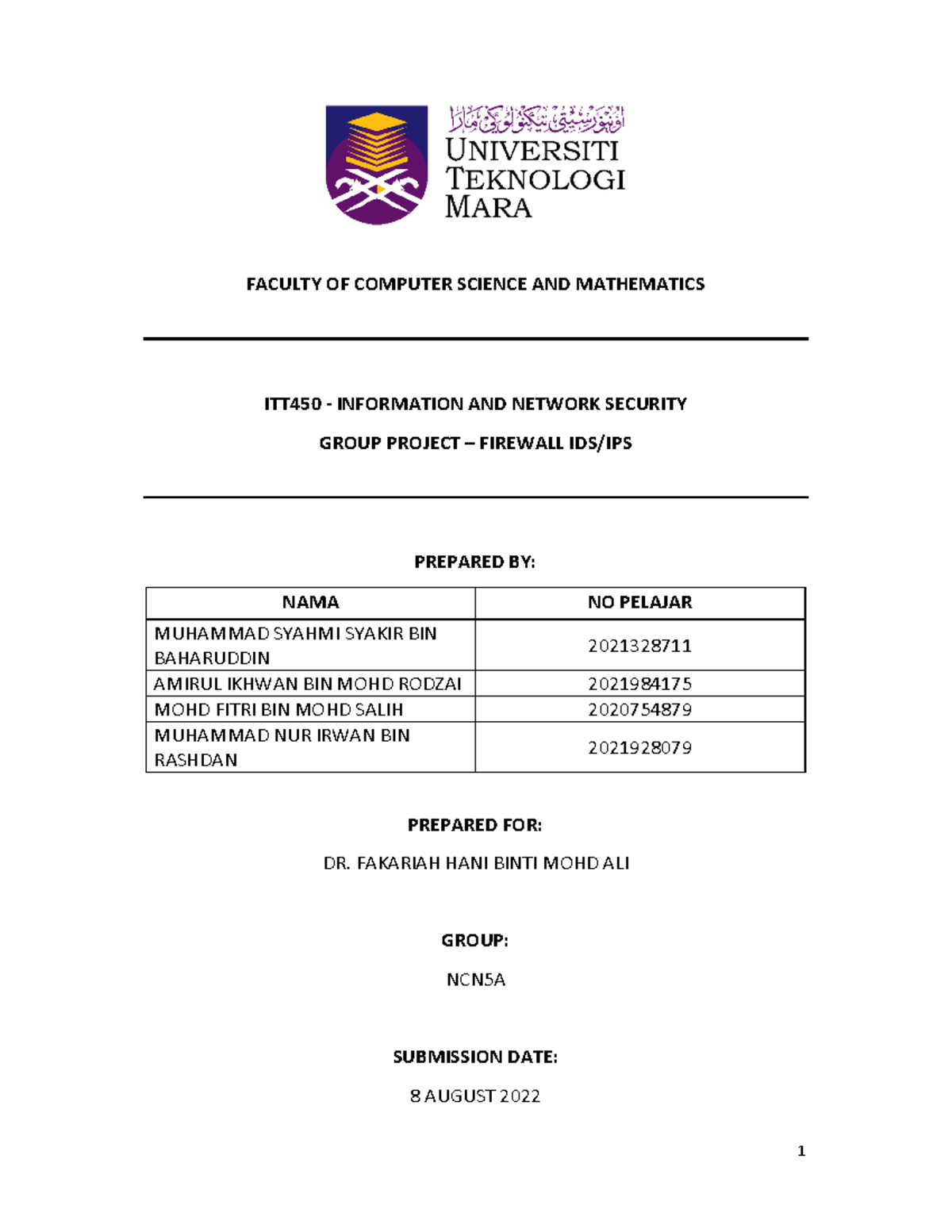 Group 1 - ITT450 Project Assignment ( Report) - FACULTY OF COMPUTER ...