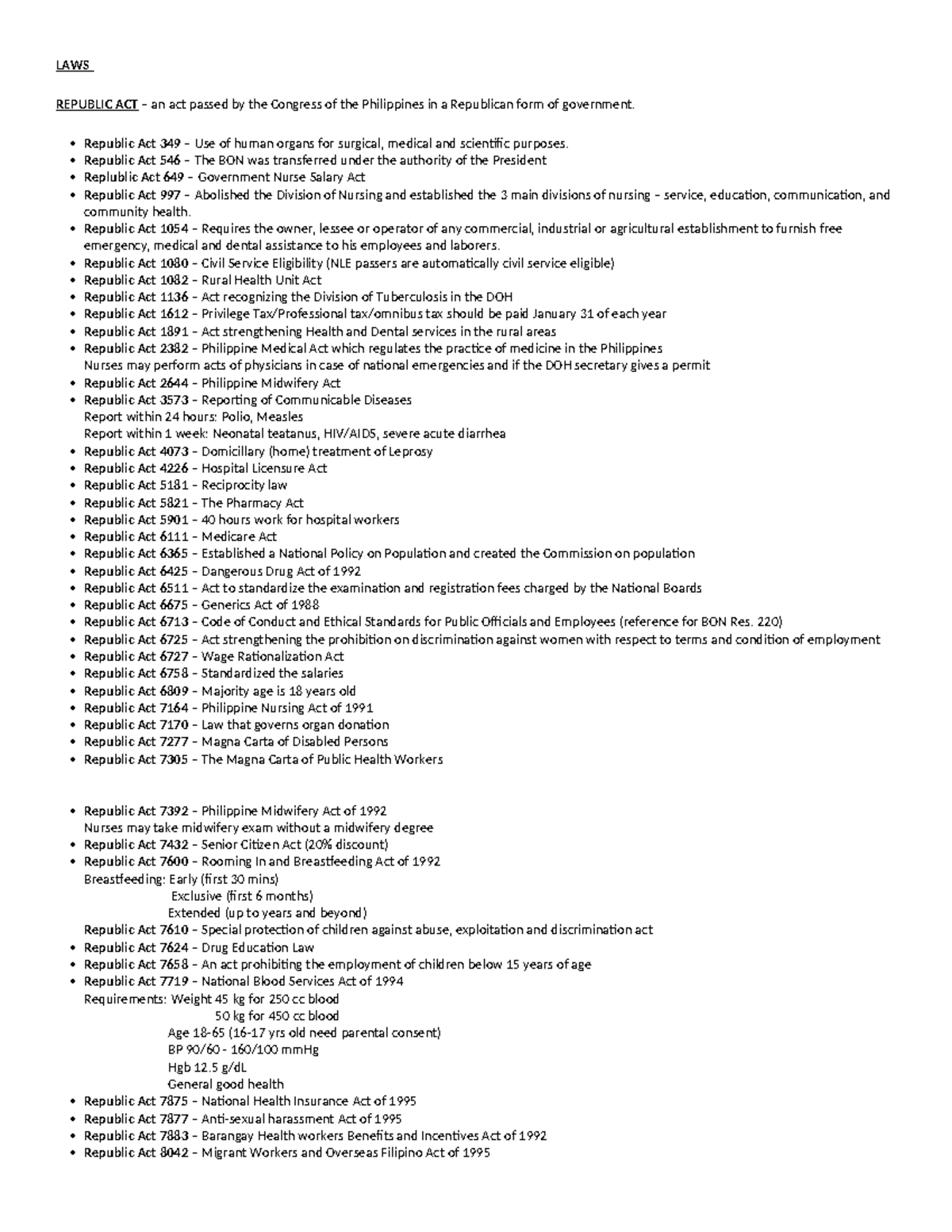 LAWS - LAWS REPUBLIC ACT – an act passed by the Congress of the ...