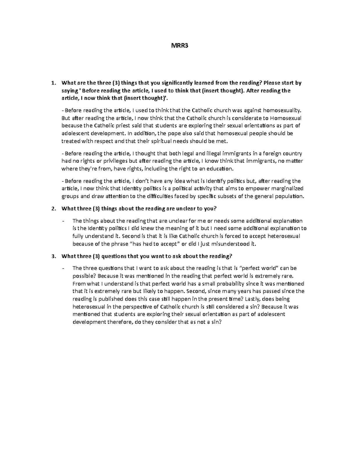 MRR3 - MRR3 - MRR What are the three (3) things that you significantly learned from the reading ...