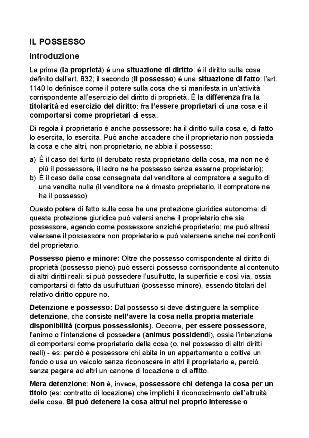 Il possesso (diritto privato galgano) - IL POSSESSO Introduzione La ...