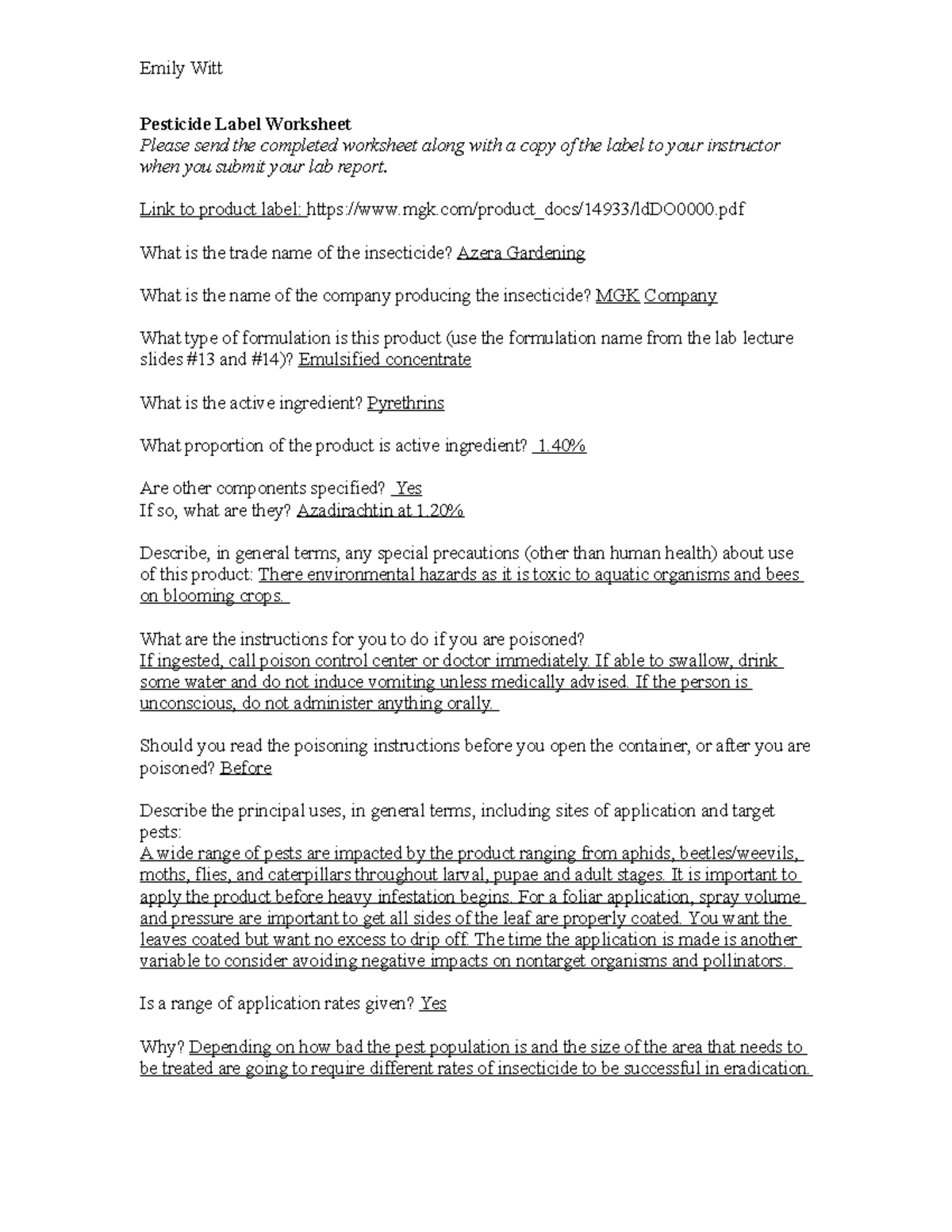 Pesticide Label Worksheet on Pyrethrin with Links - Emily Witt ...