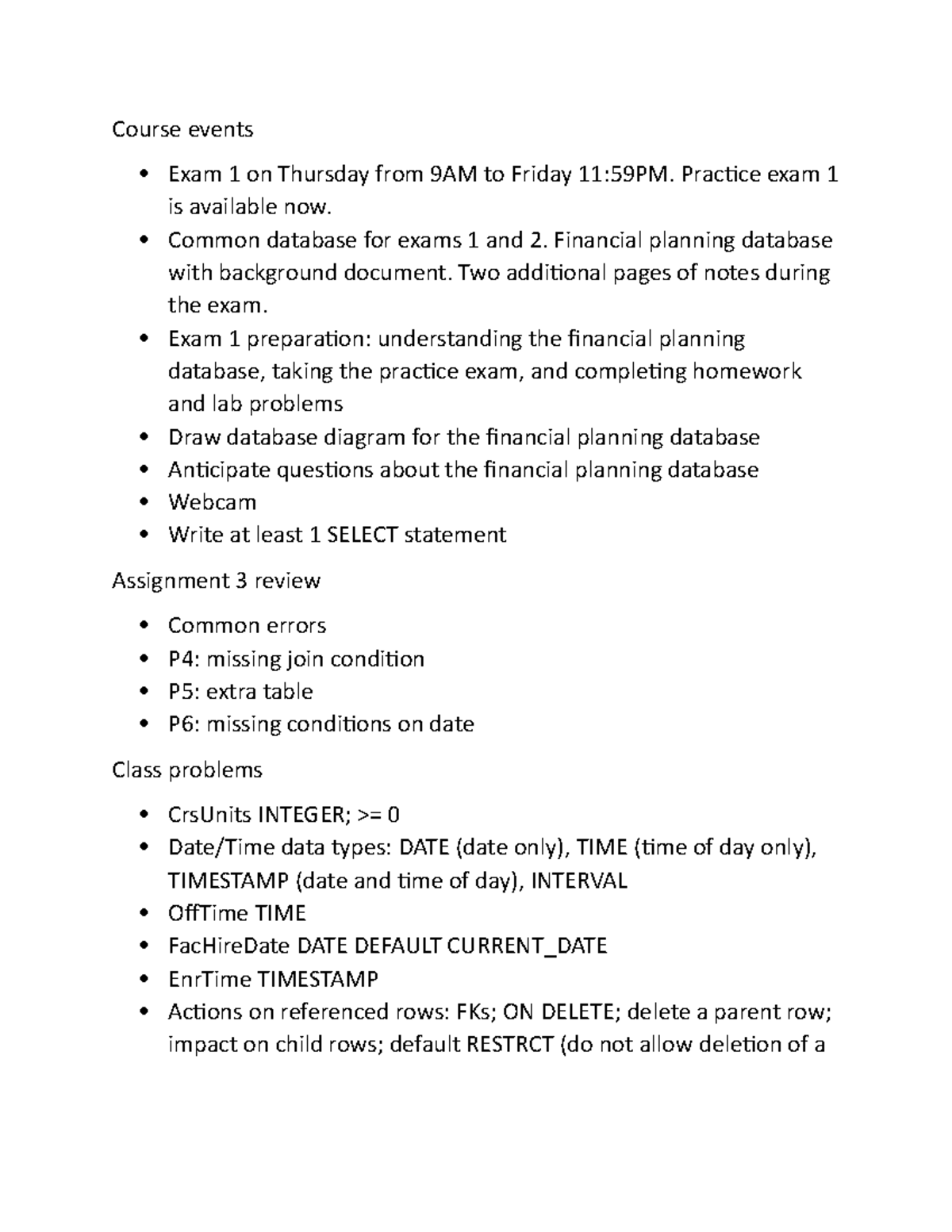 Class 09Recording Notes - Course events Exam 1 on Thursday from 9AM to ...