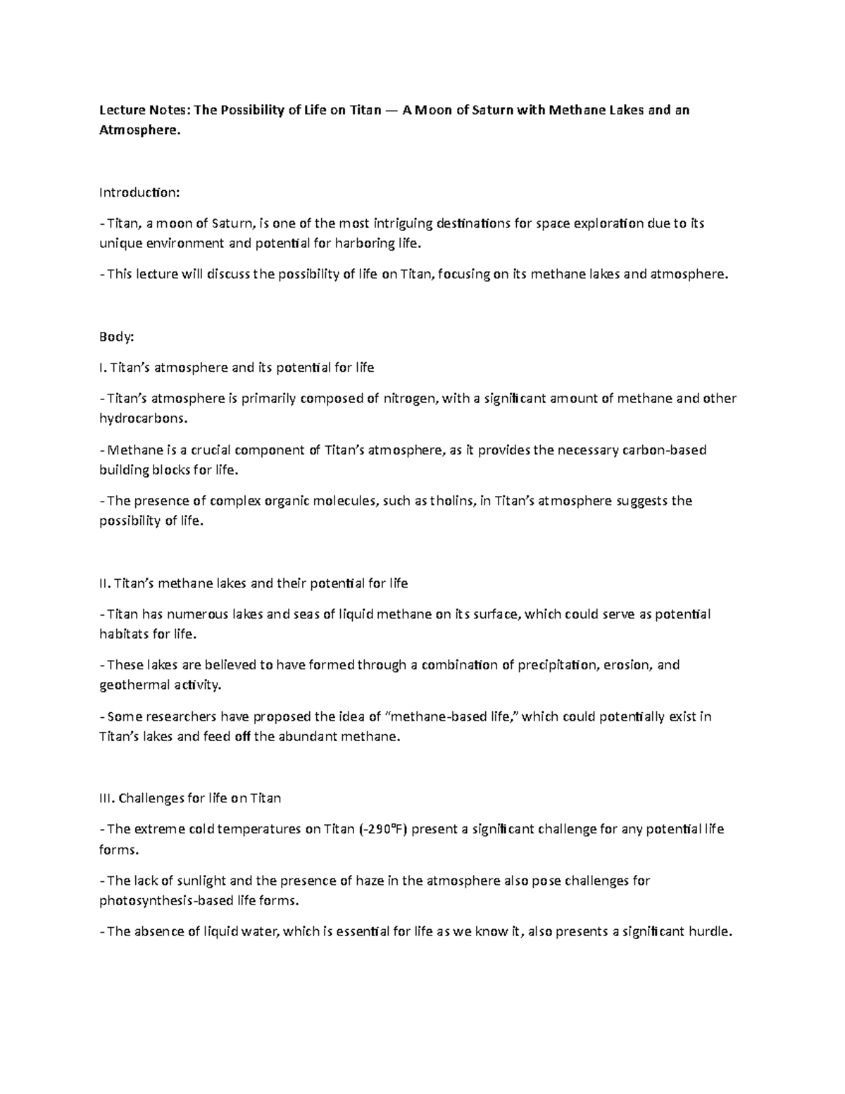 Lecture Notes: The Possibility of Life on Titan — A Moon of Saturn with ...