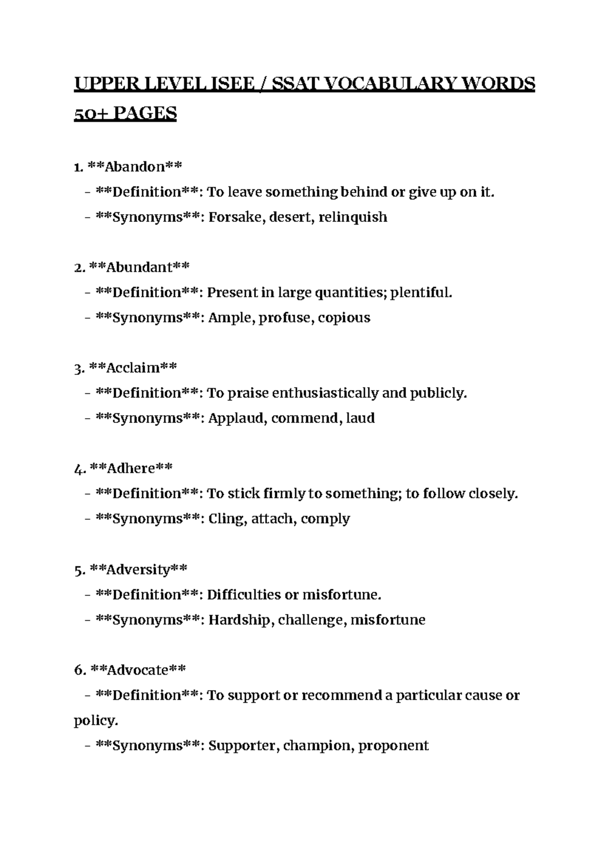 Upper Level ISEE / SSAT Vocabulary Words - UPPER LEVEL ISEE / SSAT ...