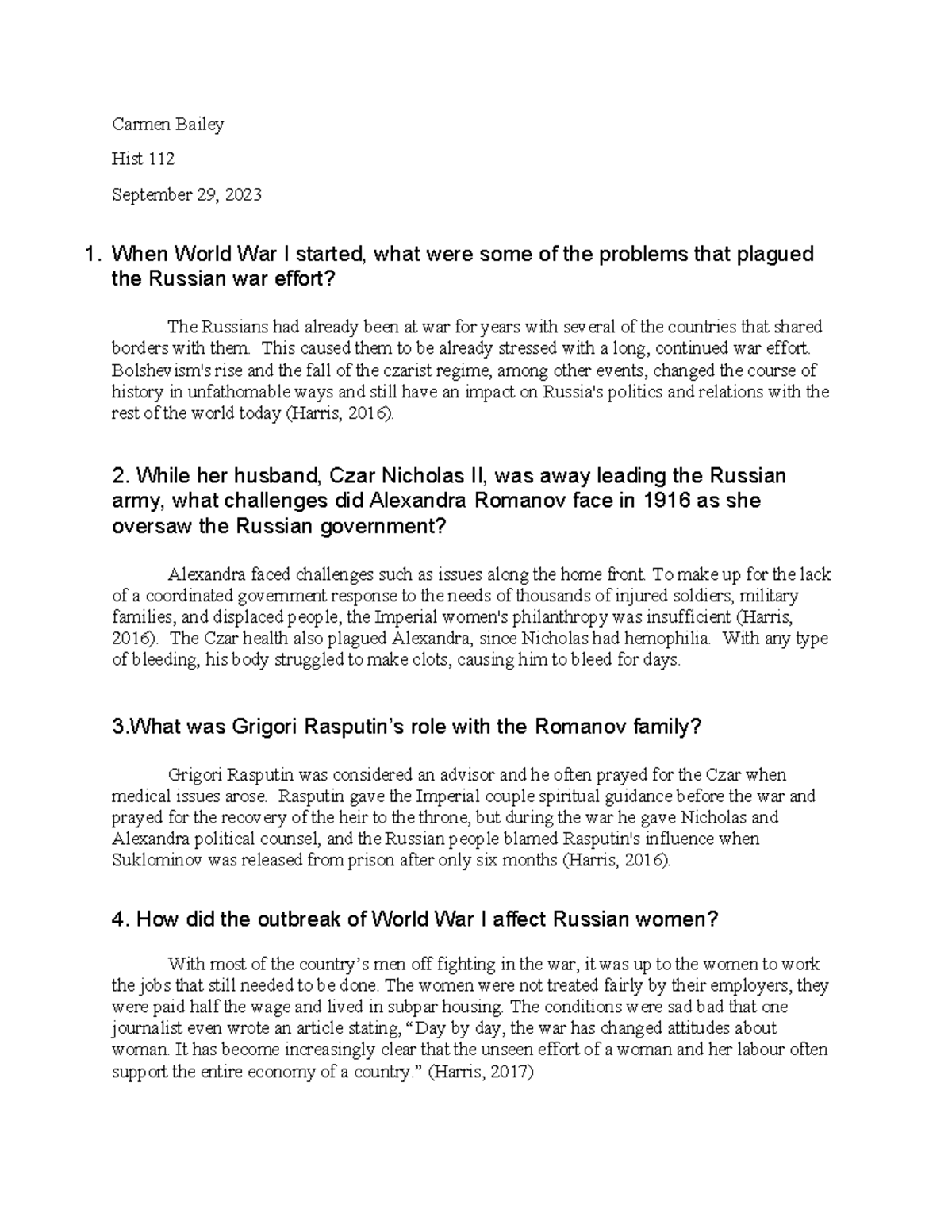 Russian Hist 112 - nothing - Carmen Bailey Hist 112 September 29, 2023 ...