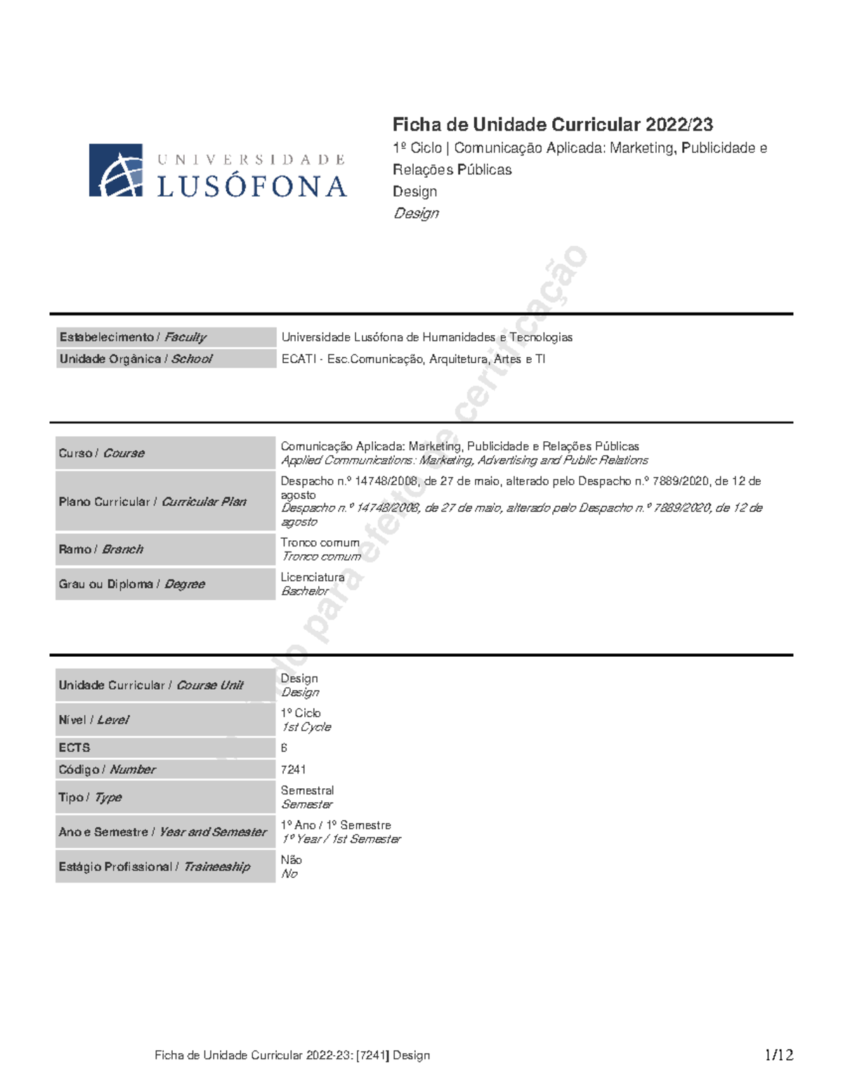 FUC Design CA 2223 - Inválido para efeito de certificação Ficha de ...