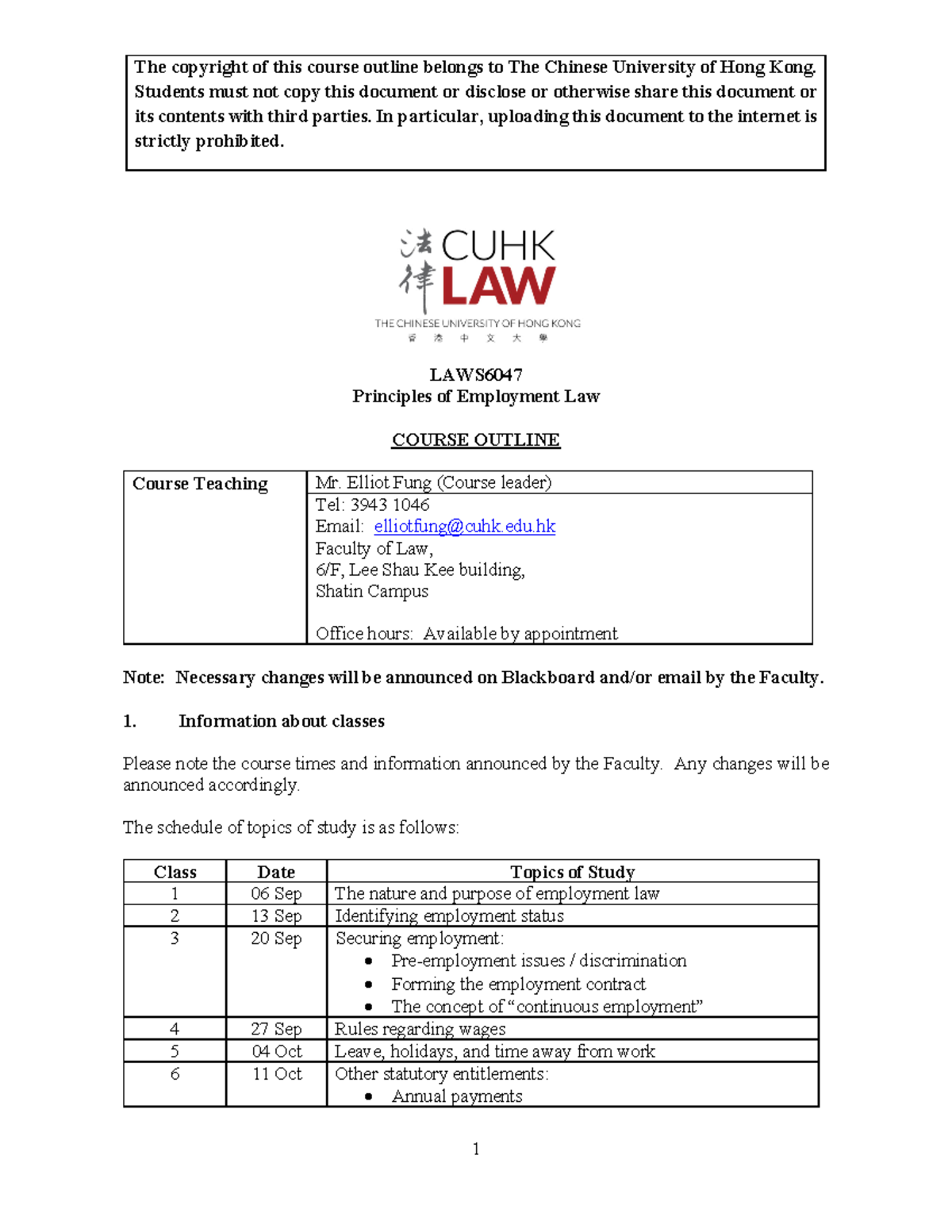 Employment Law Course Outline - Principles of Employment Law - CUHK ...