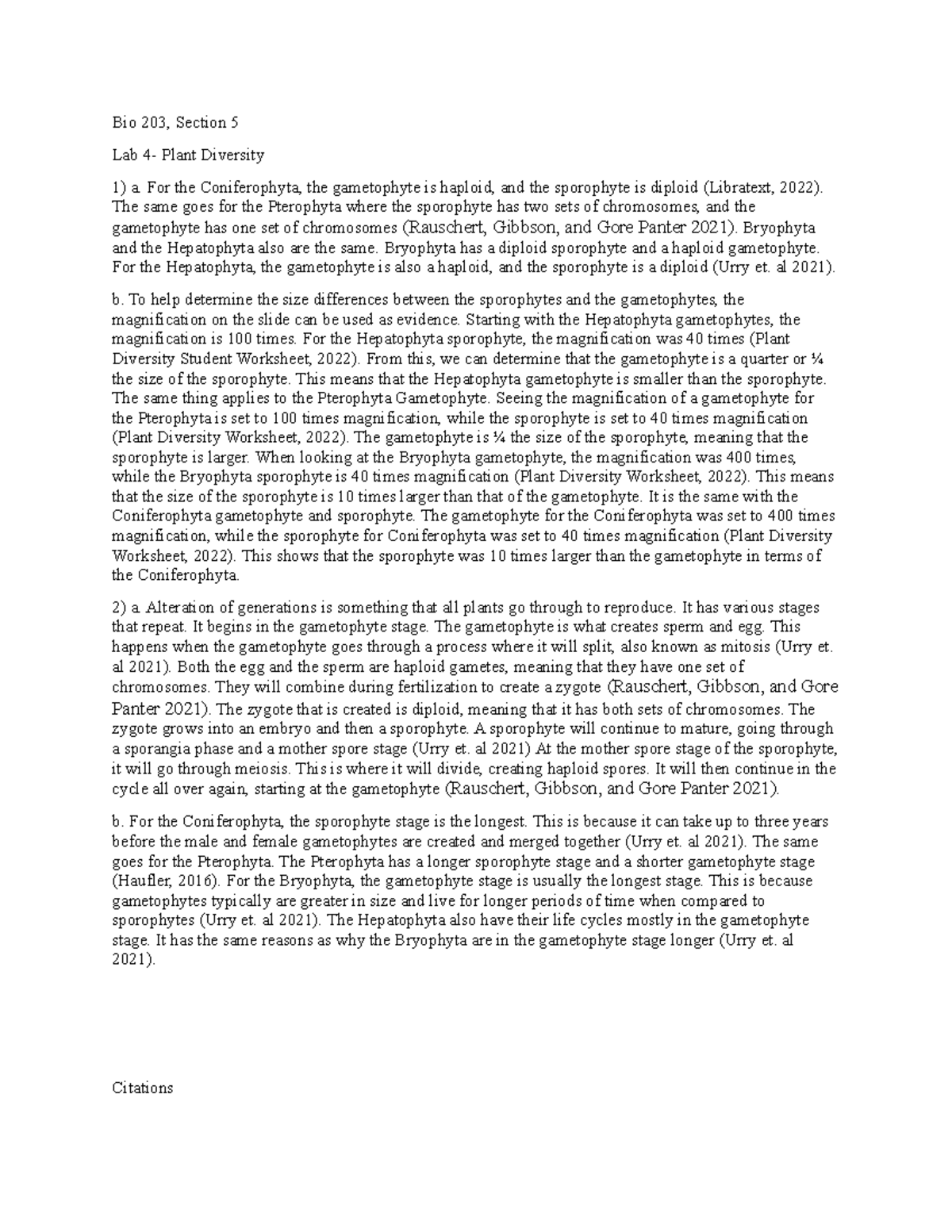 Lab 4- Plant Diversity Report - Bio 203, Section 5 Lab 4- Plant ...