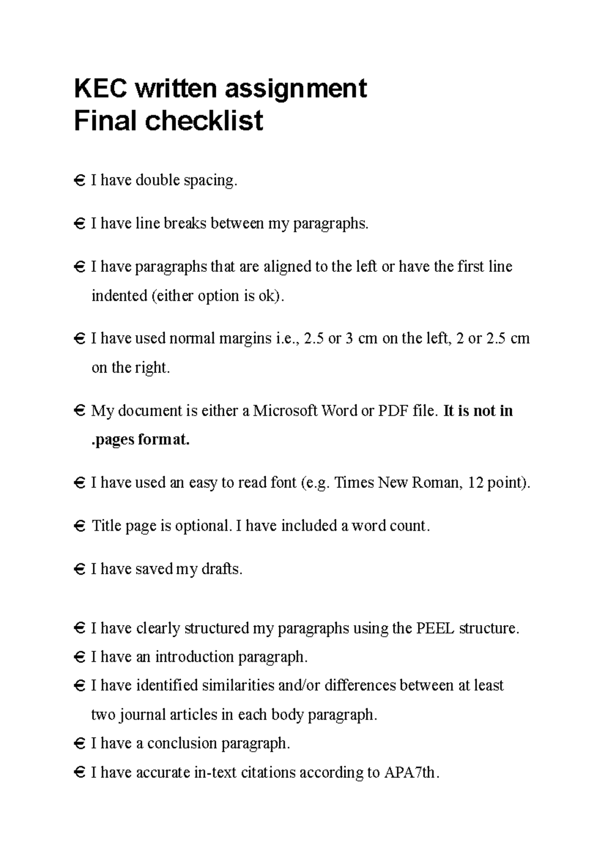 Final checklist for written assessment S1 2021 - KEC written assignment Final checklist I have ...