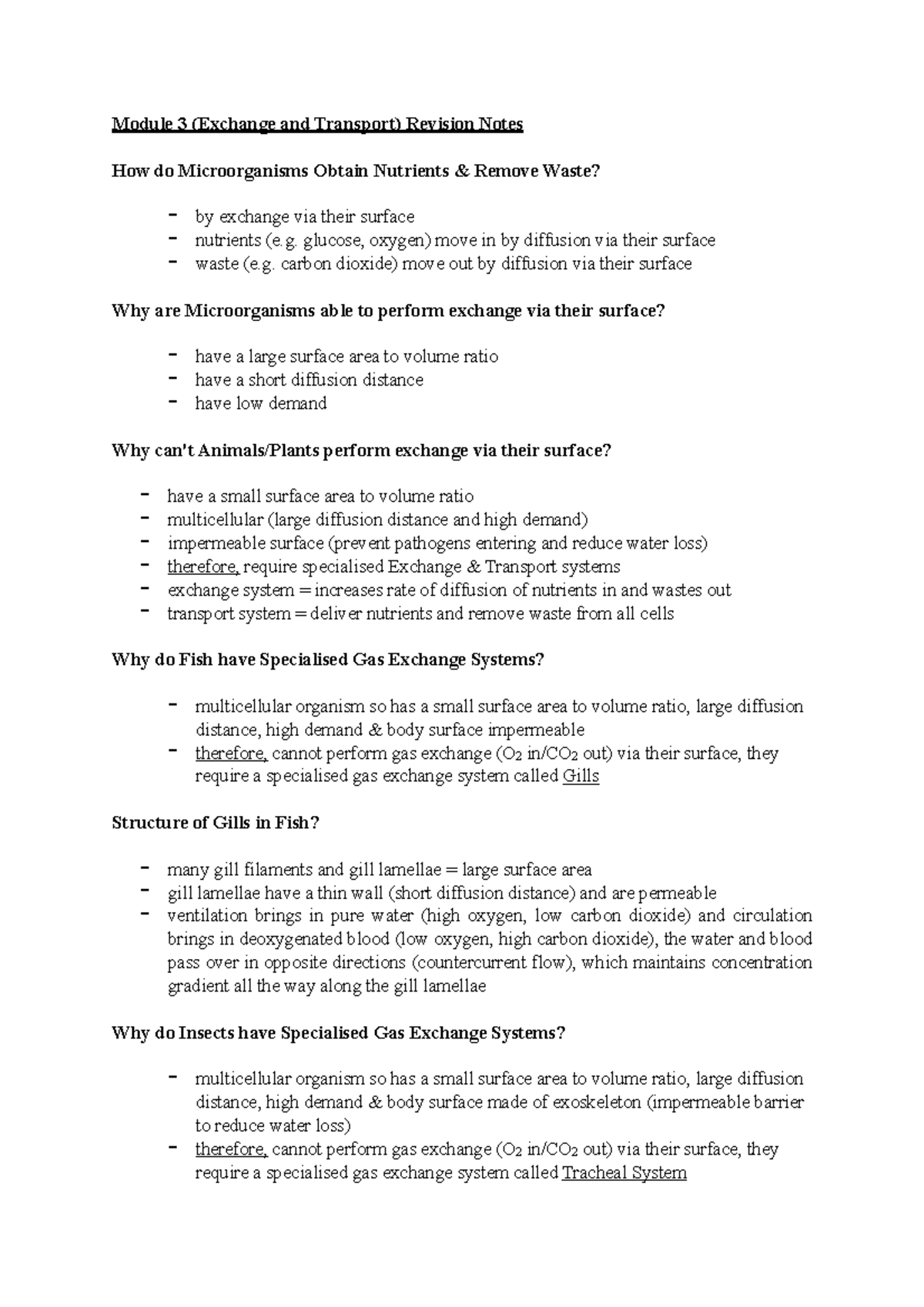 AQA Module 3 Revision Notes - Module 3 (Exchange and Transport ...