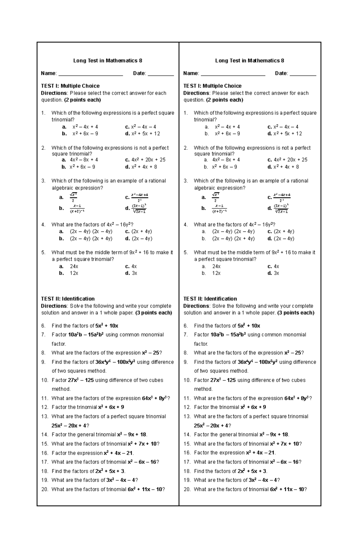 M8Q1 Long Test - Common Monomial to Factoring - Long Test in ...