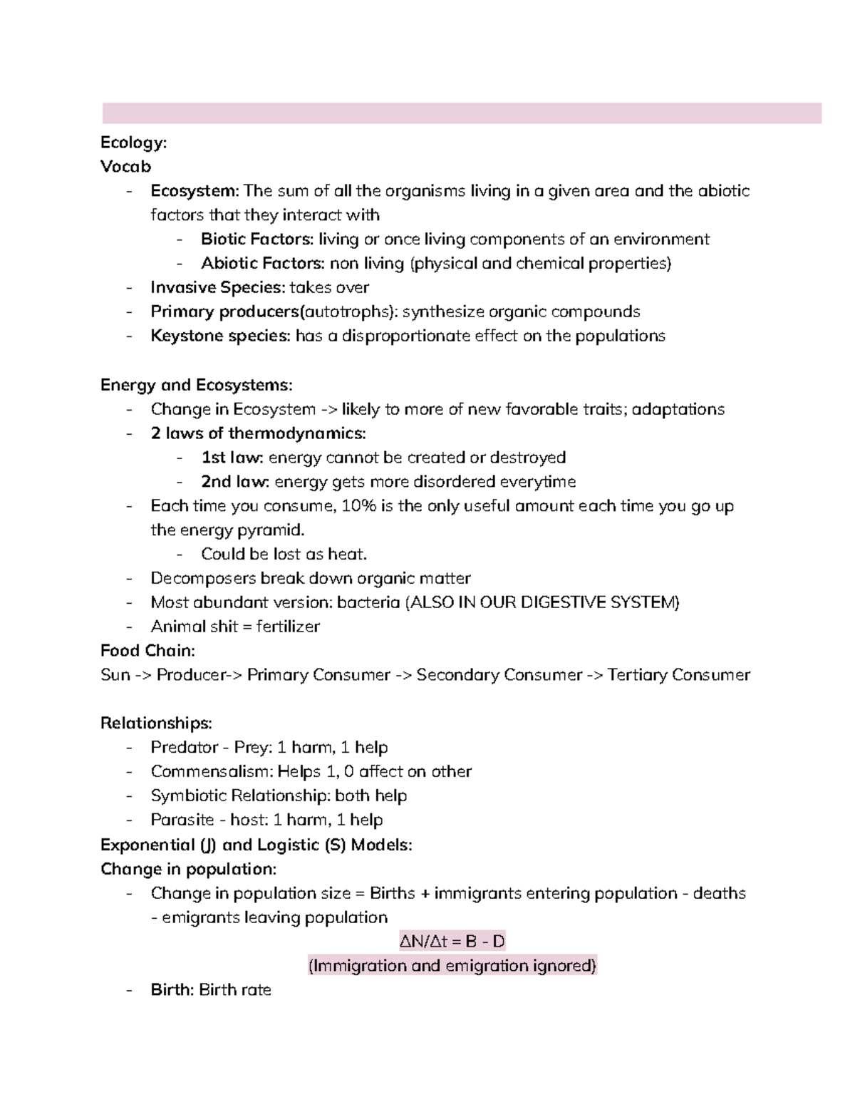 Ecology Notes - Ecology: Vocab - Ecosystem: The sum of all the ...