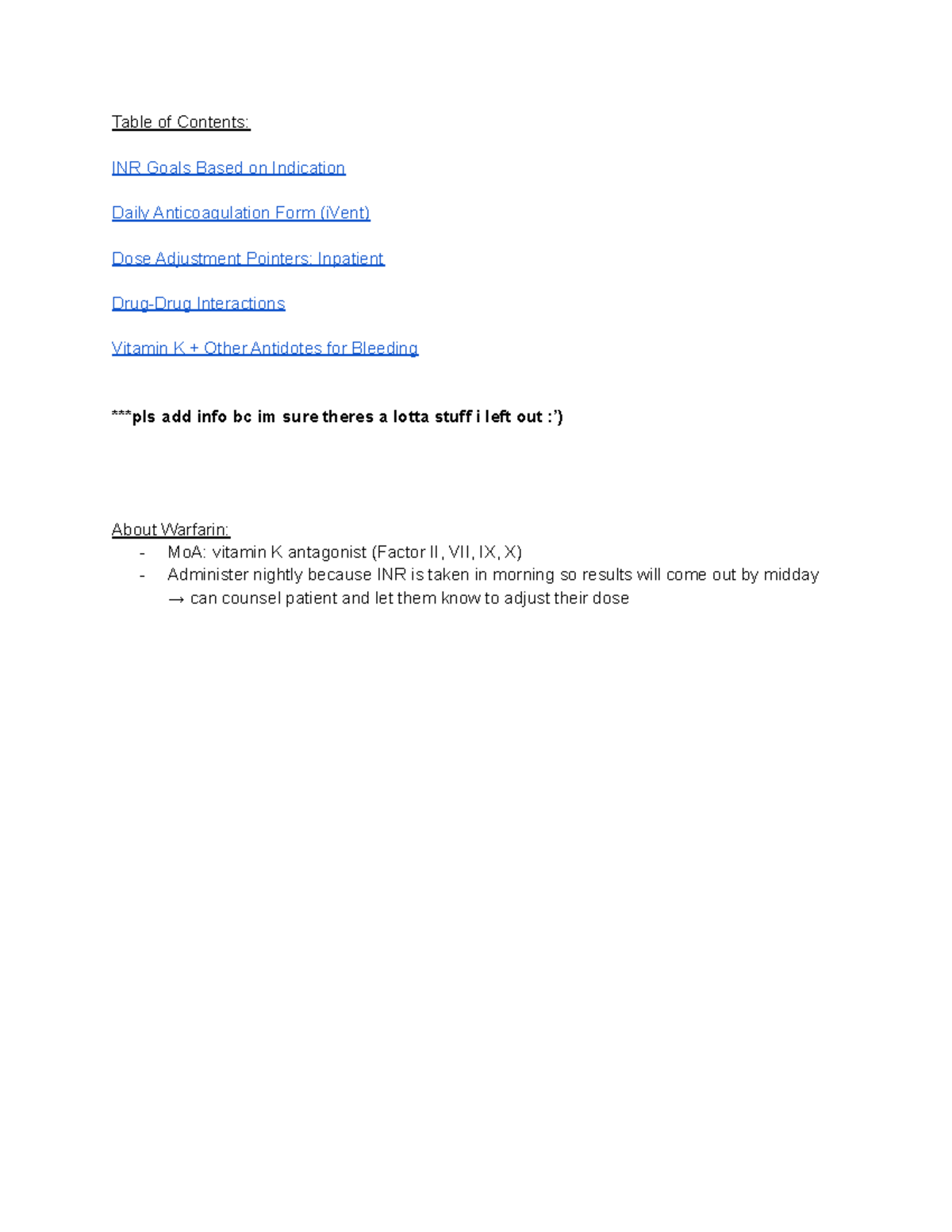 Warfarin Anticoagulation Notes (Inpatient Setting) - Table of Contents ...