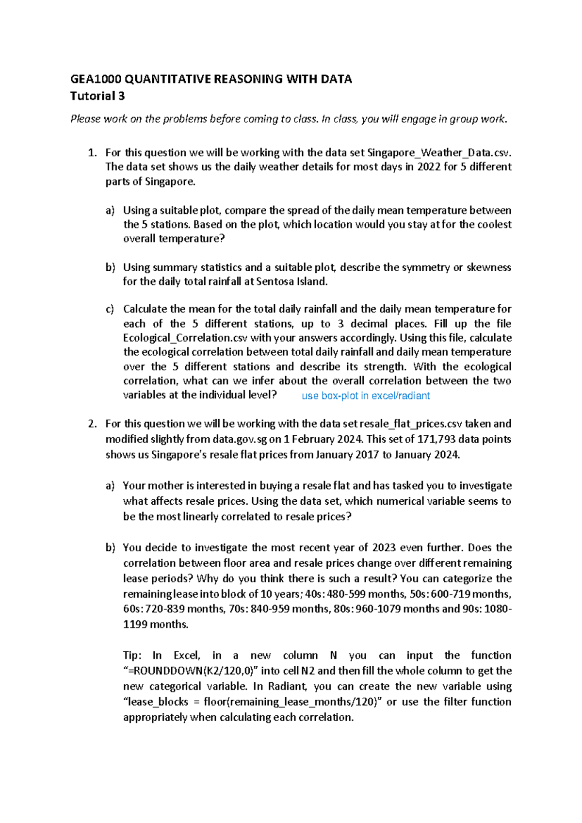 Tutorial 3 Gea1000 Quantitative Reasoning With Data Tutorial 3 Please Work On The Problems