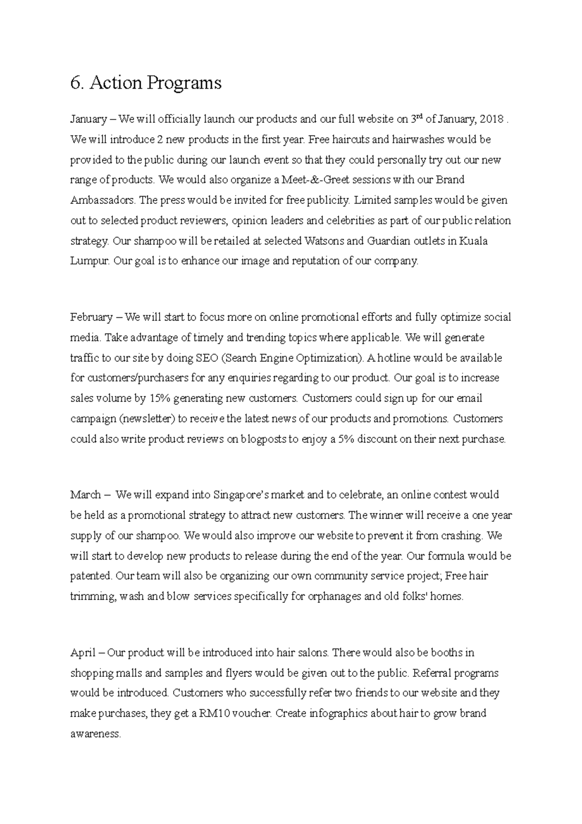 Marketing Plan for assignment - 6. Action Programs January – We will ...