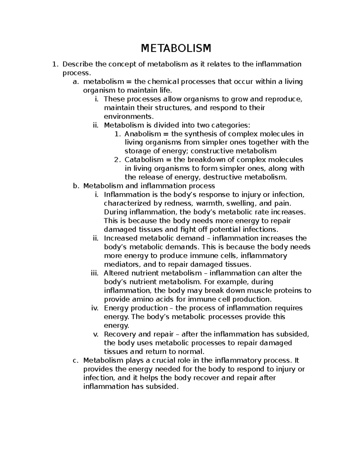 Metabolism - nursing notes - METABOLISM Describe the concept of ...