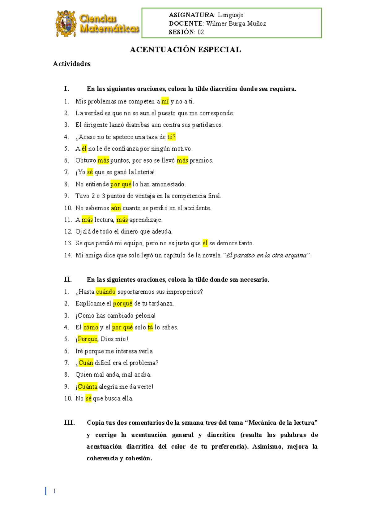 S2- Acentuación Especial - ACENTUACIÓN ESPECIAL Actividades I. En las ...