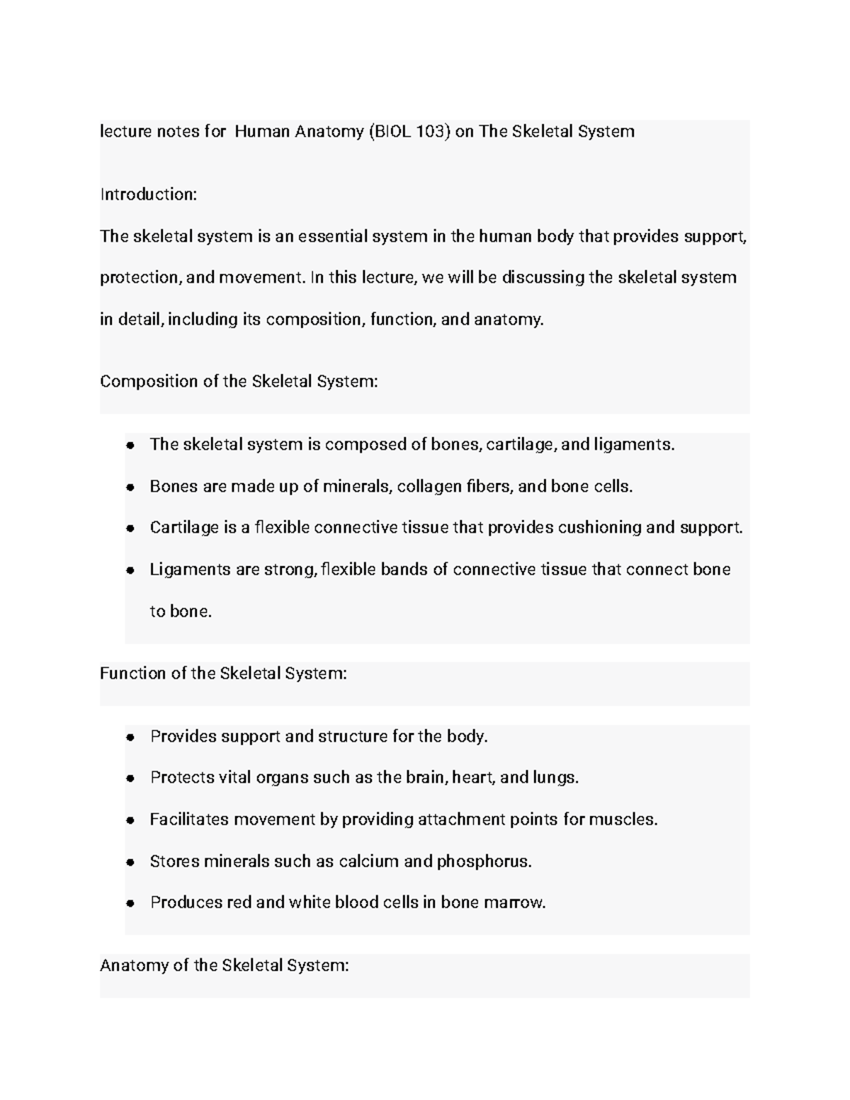 Lecture notes for Human Anatomy (BIOL 103) on The Skeletal System - In ...
