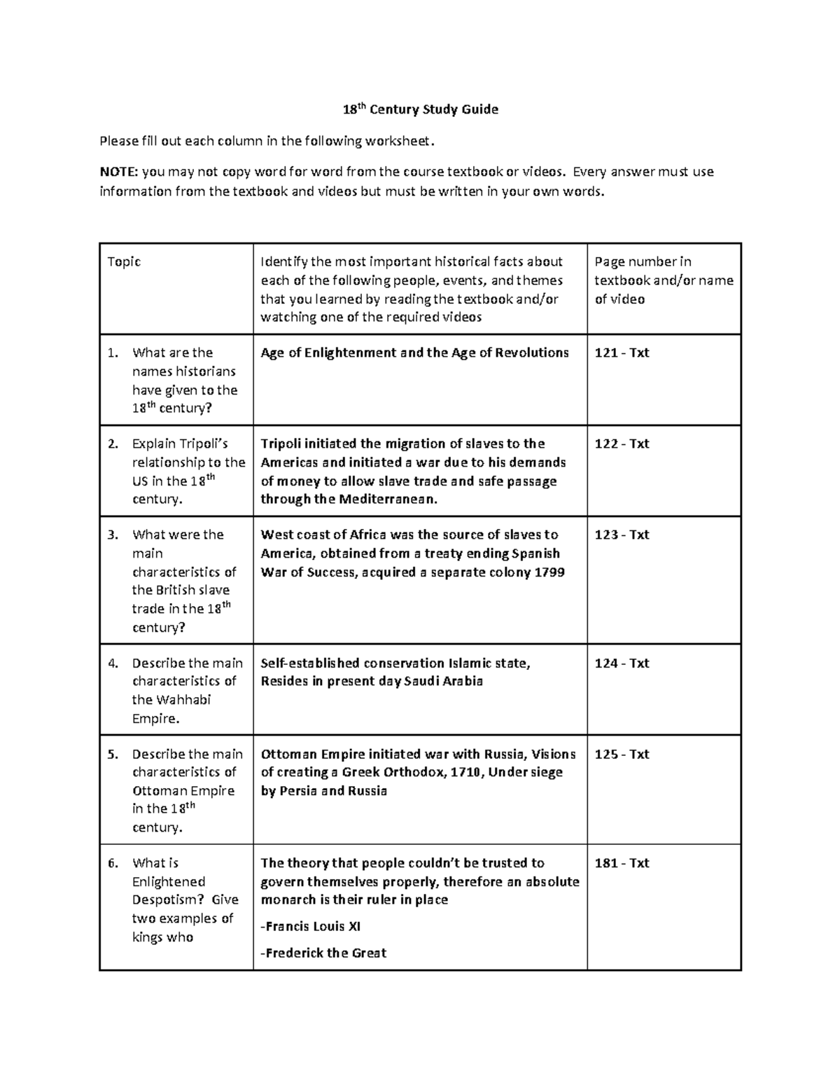 18th Century Study Guide - 18 th Century Study Guide Please fill out ...