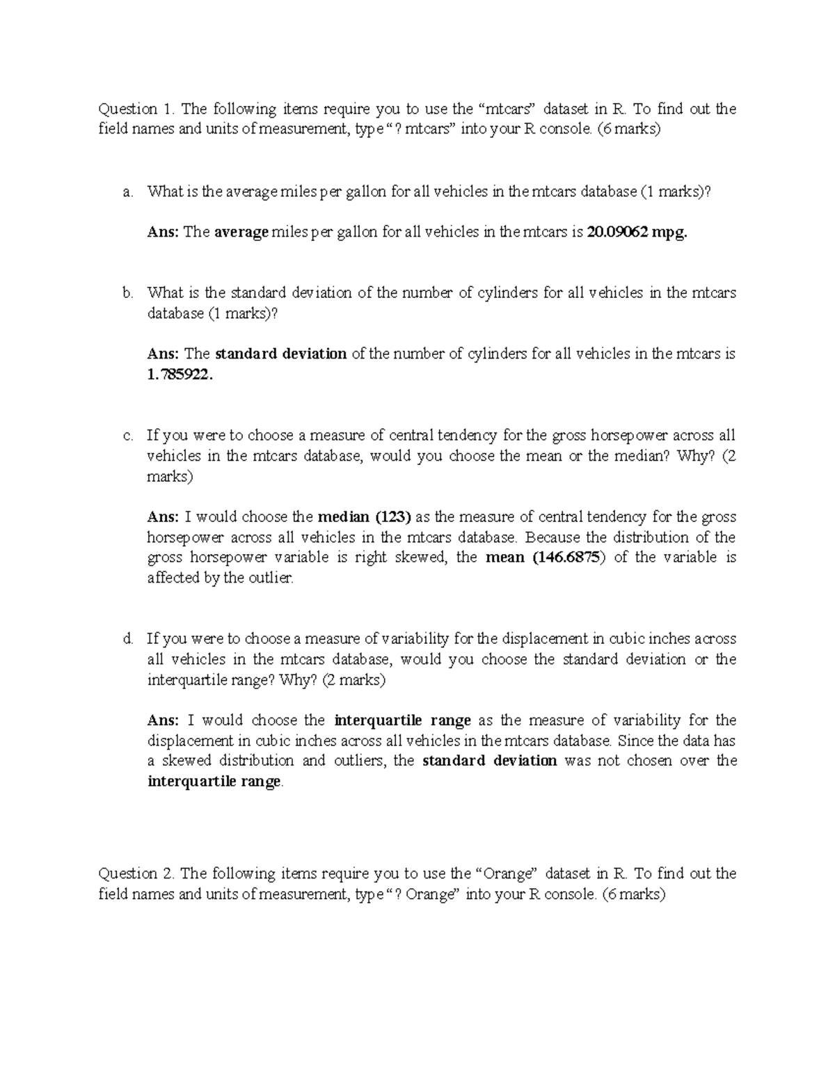 Assignment 2 Question 1 The Following Items Require You To Use The “mtcars” Dataset In R To