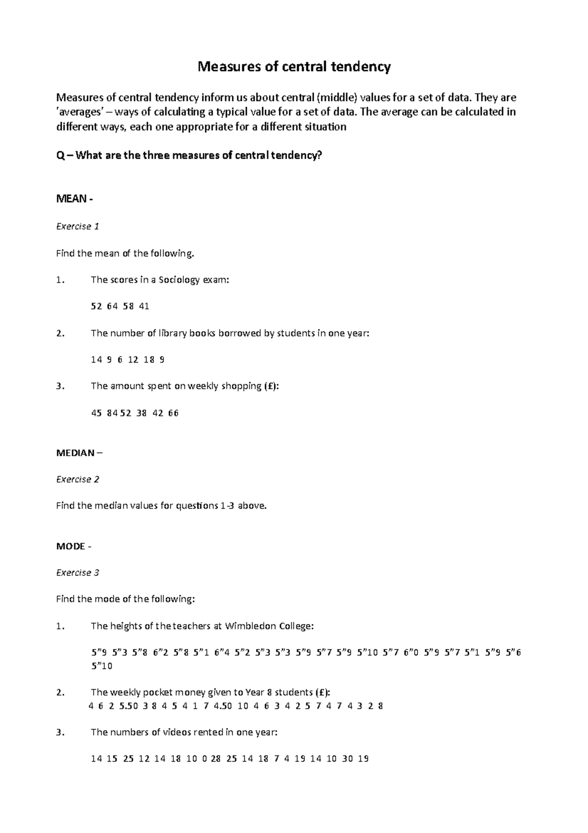 Worksheet new - practise - Measures of central tendency Measures of ...