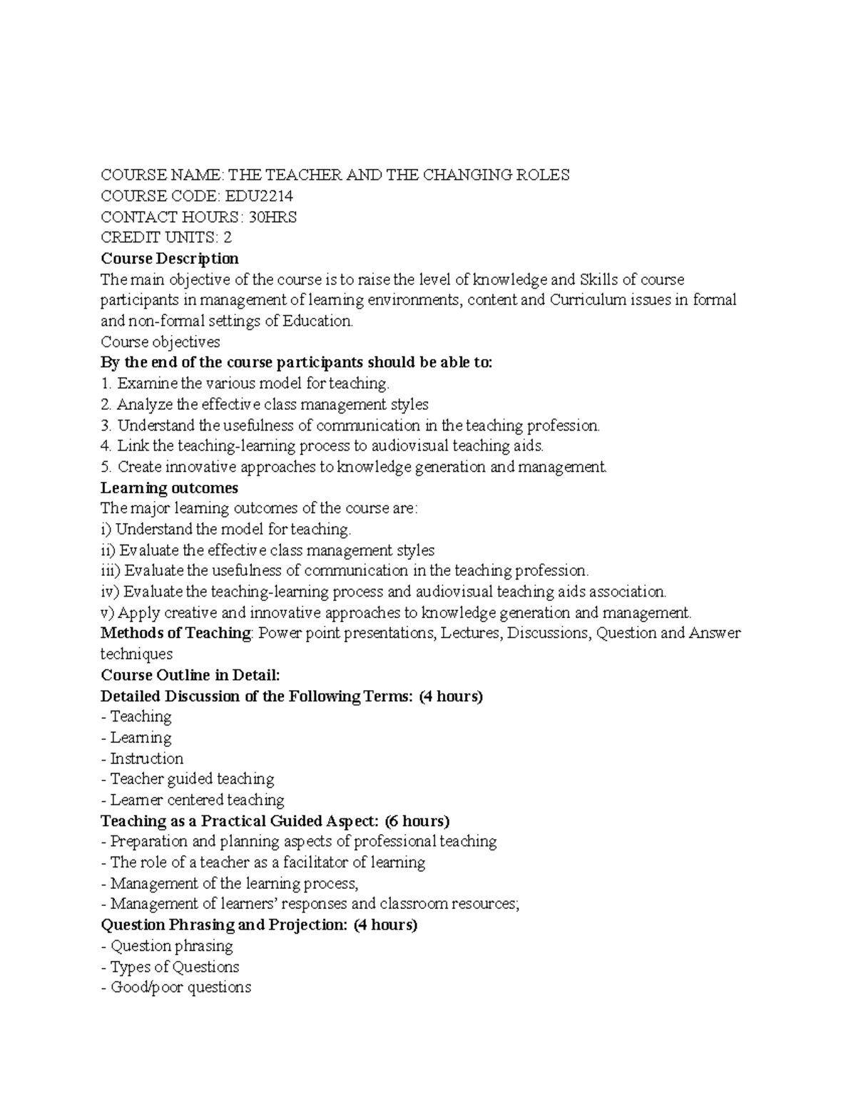 2023 Course NAME TR AND THE Changing ROLE - COURSE NAME: THE TEACHER ...