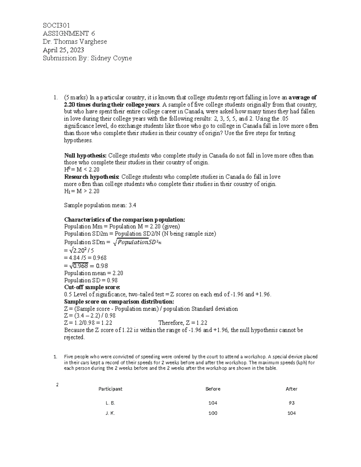 SOCI301 assignment 6 final copy - ASSIGNMENT 6 Dr. Thomas Varghese ...