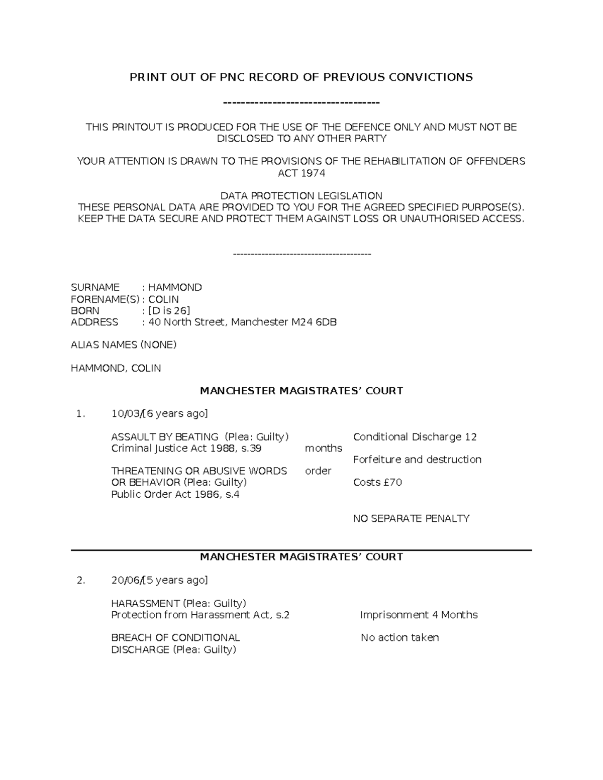 BTC Crime W1 D2 PNC Colin Hammond - PRINT OUT OF PNC RECORD OF PREVIOUS ...
