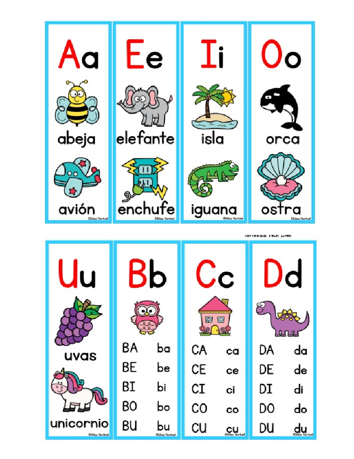 Tarjetas sílabas - Aa Ee Ii Oo abeja elefante isla orca avión enchufe ...