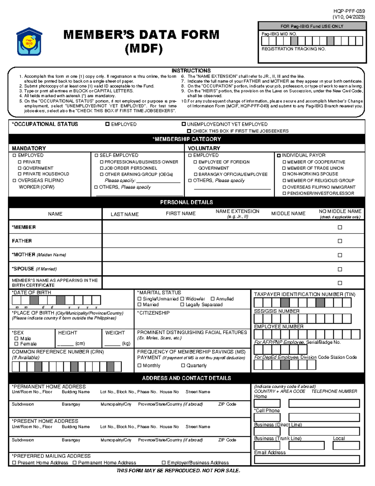 PFF039 Members Data Form V10 - MEMBER’S DATA FORM (MDF) FOR Pag-IBIG Fund USE ONLY Pag-IBIG MID ...