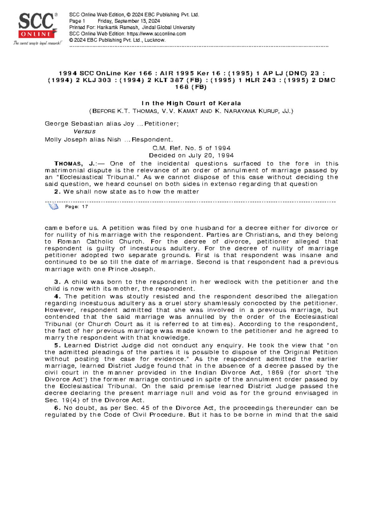 George Sebastian v Molly Joseph - 1994 SCC OnLine Ker 166 : AIR 1995 Ker 16 : (1995) 1 AP LJ ...