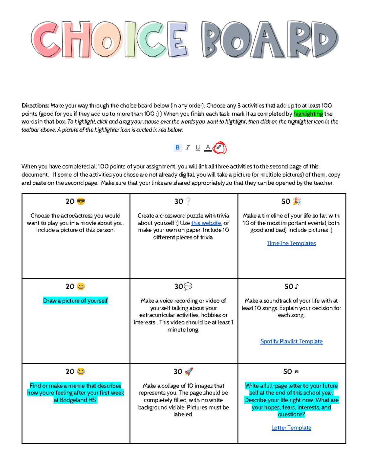 Copy of All About Me Choice Board Project - Directions: Make your way ...