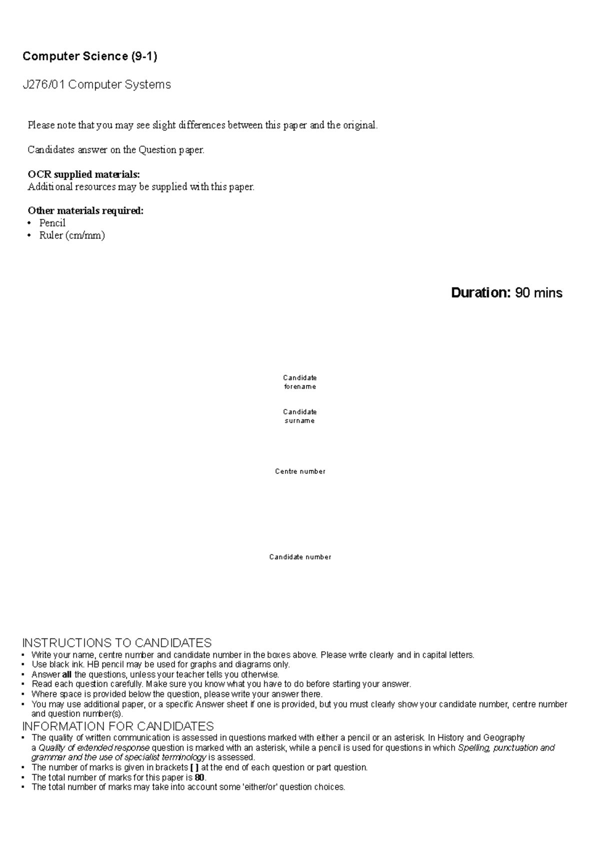 587708 example mock paper - Computer Science (9-1) J276/01 Computer Systems Please note that you ...