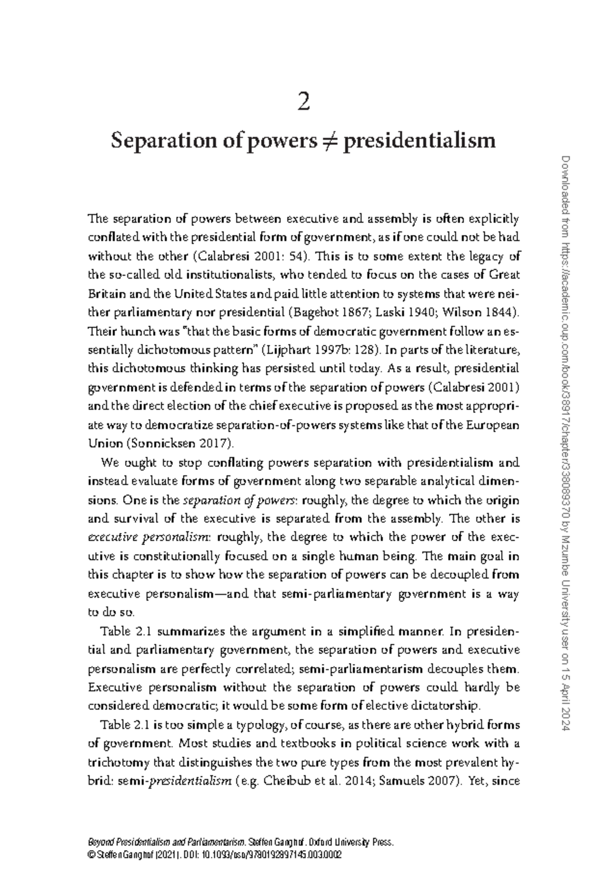 Separation of power in URT - 2 Separation of powers ≠ presidentialism The separation of powers ...