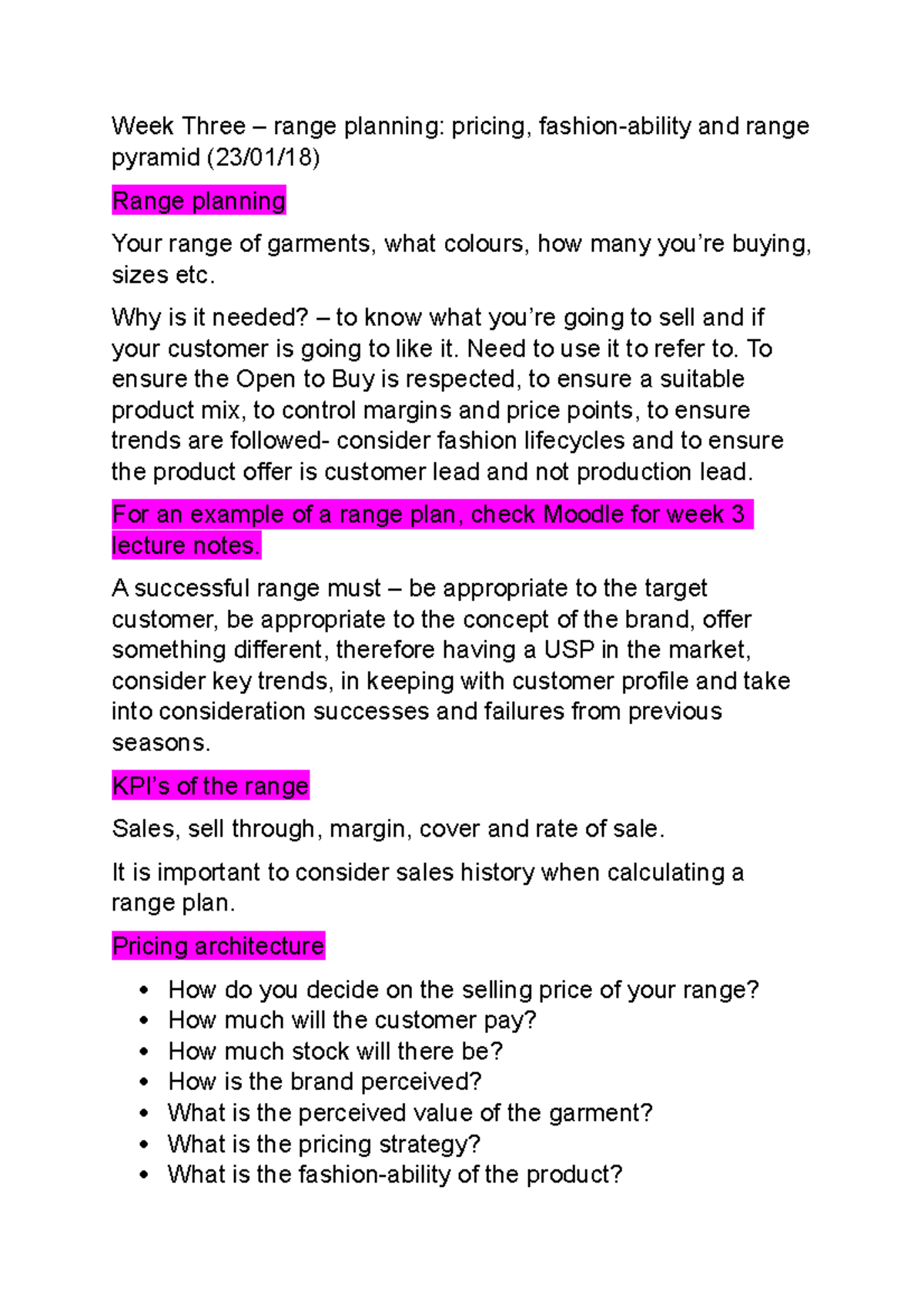 Range planning 23rd jan - Week Three – range planning: pricing, fashion ...