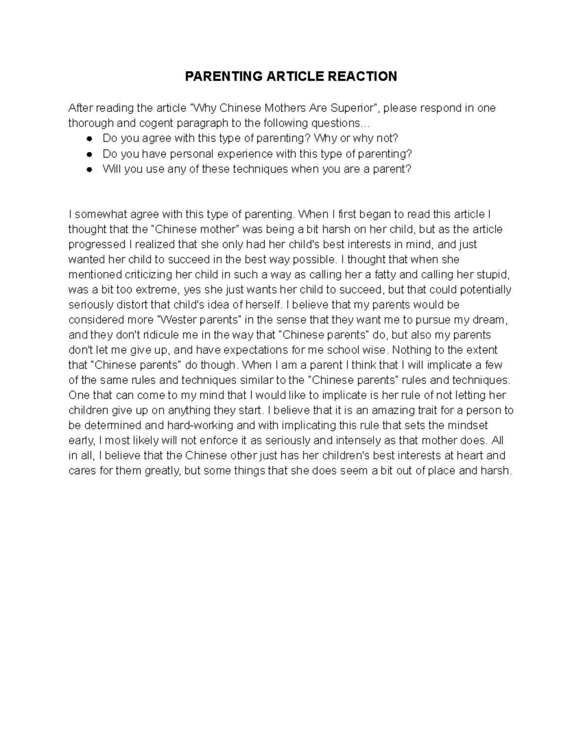 Copy of Parenting Article Reaction - PARENTING ARTICLE REACTION After ...