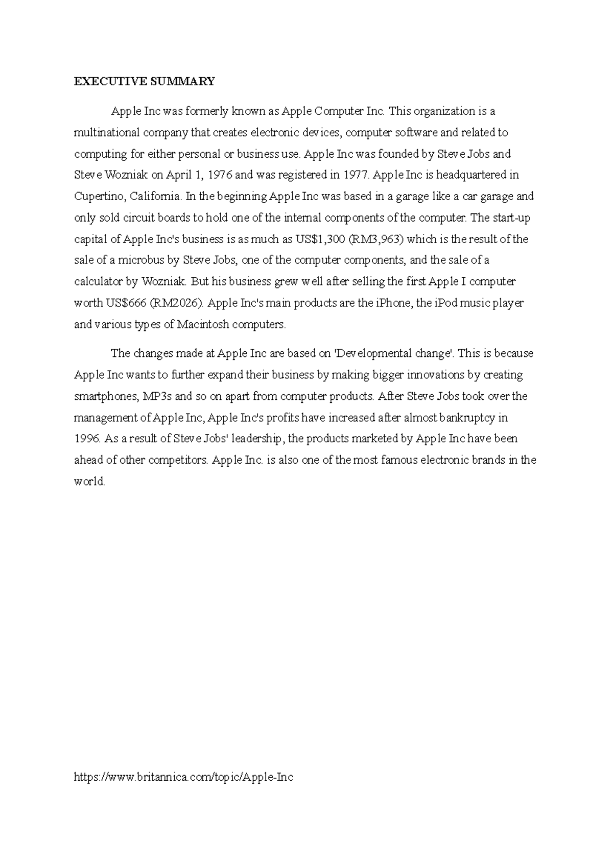 Summary apple mkt410 - MKT - EXECUTIVE SUMMARY Apple Inc was formerly ...