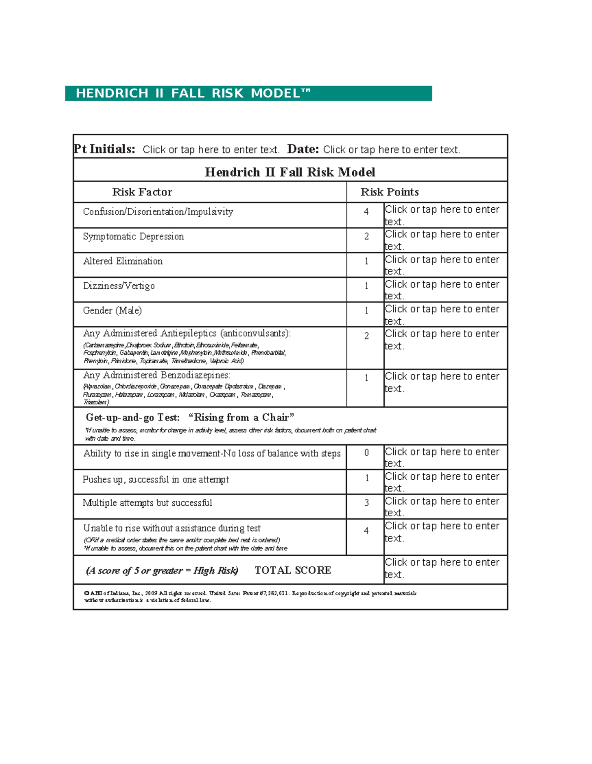 Hendrich II Fall Risk Model Fillable - Tagged - HENDRICH II FALL RISK ...
