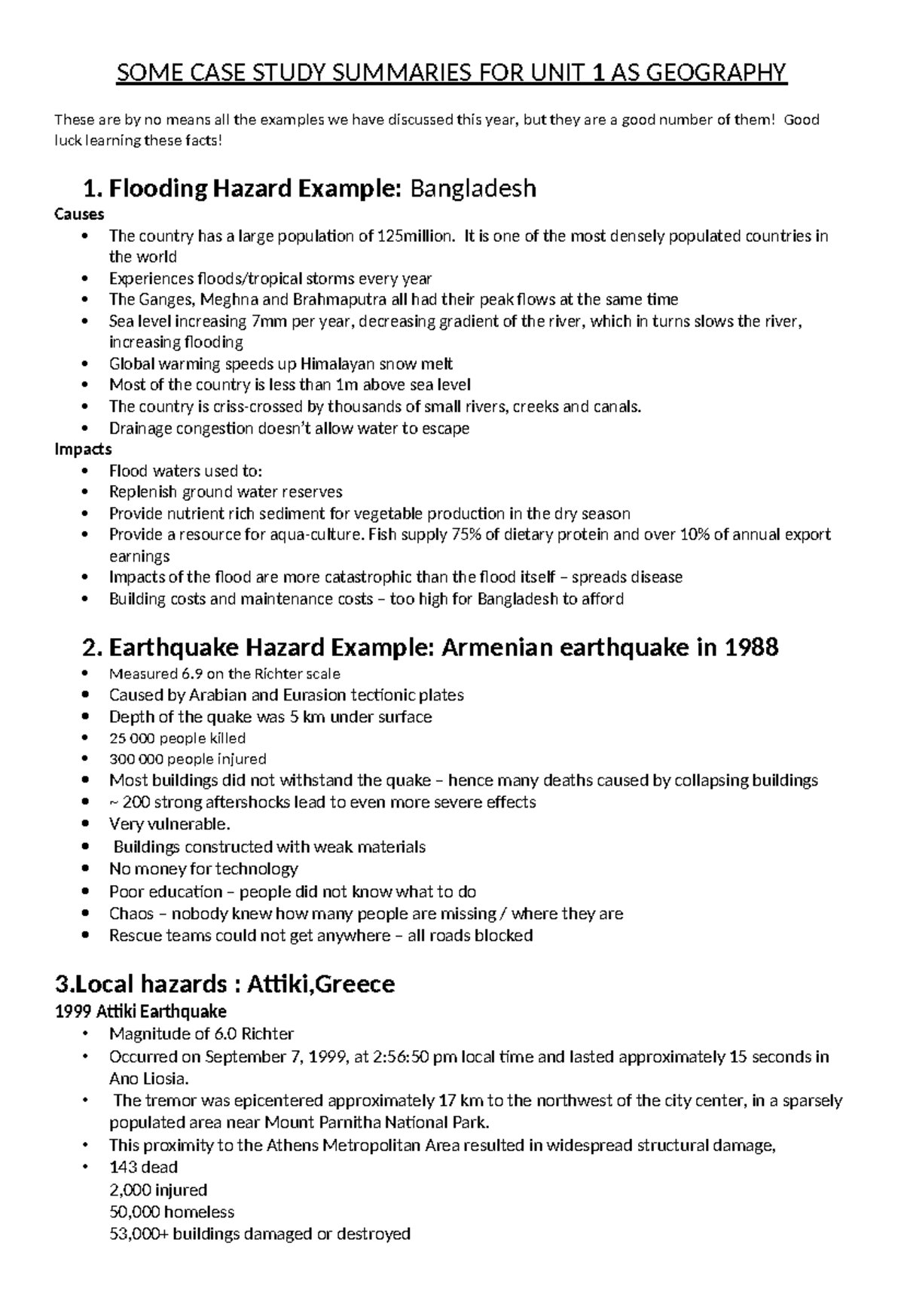 Some case study summaries for unit 1 as geography - SOME CASE STUDY ...