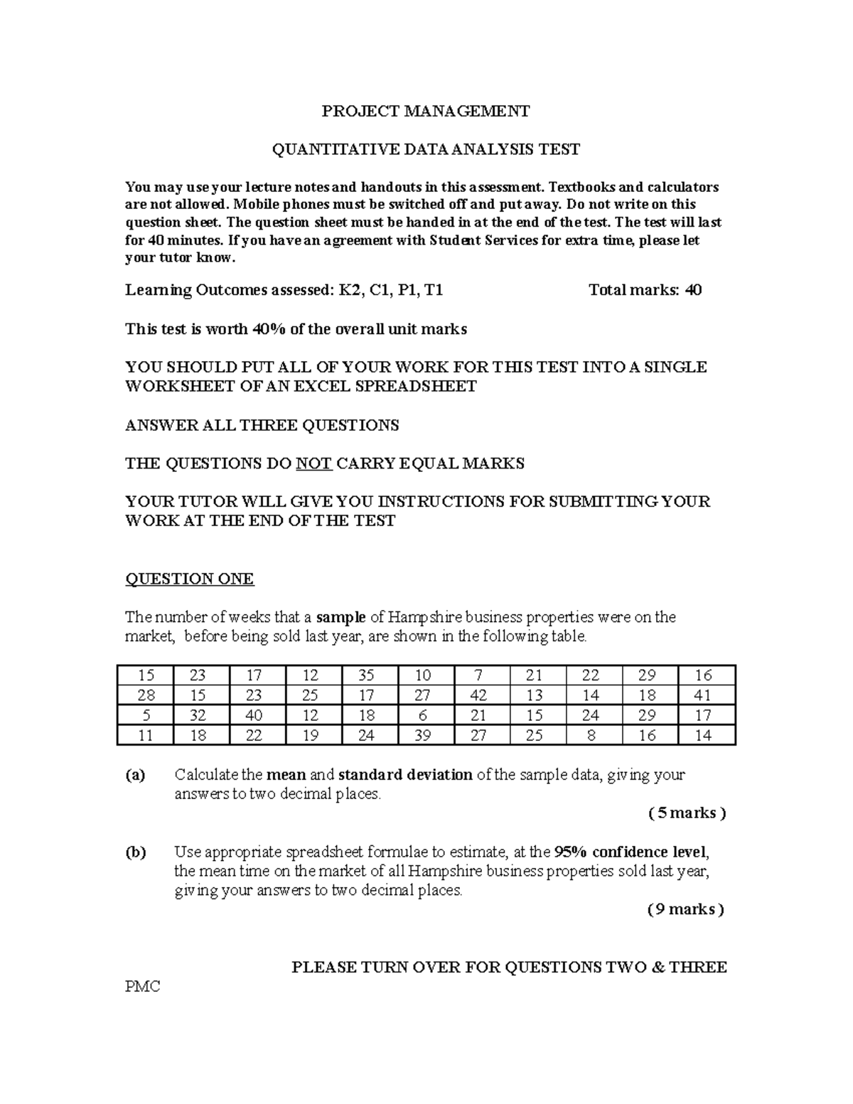 TEST 2015, questions - PROJECT MANAGEMENT QUANTITATIVE DATA ANALYSIS ...