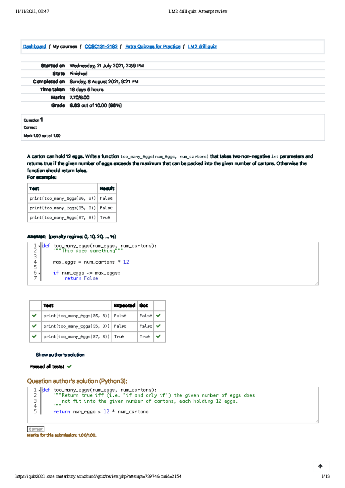 LM2 drill quiz Attempt review - Dashboard/My courses/ COSC131-21S 2 ...