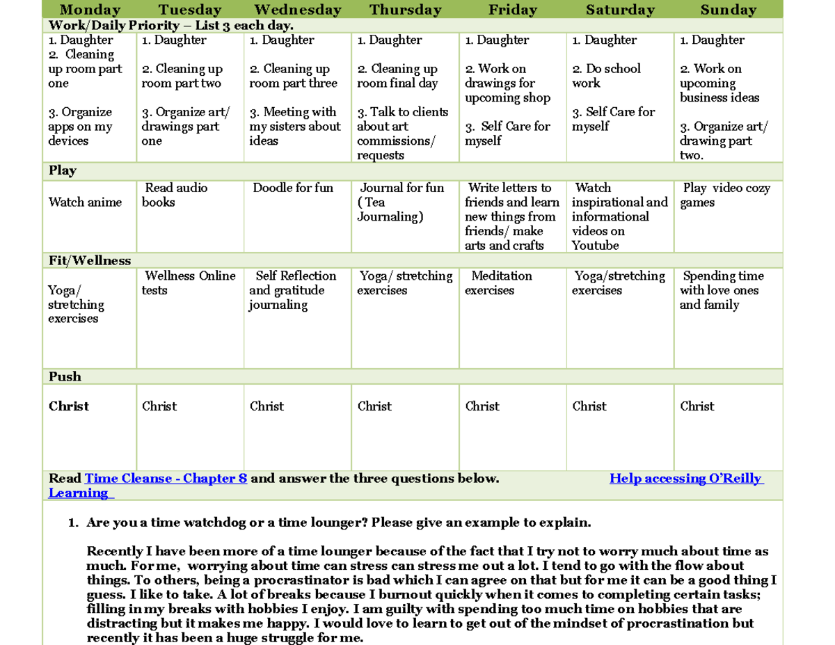 Weekly Plan 3 Assignment - Monday Tuesday Wednesday Thursday Friday ...