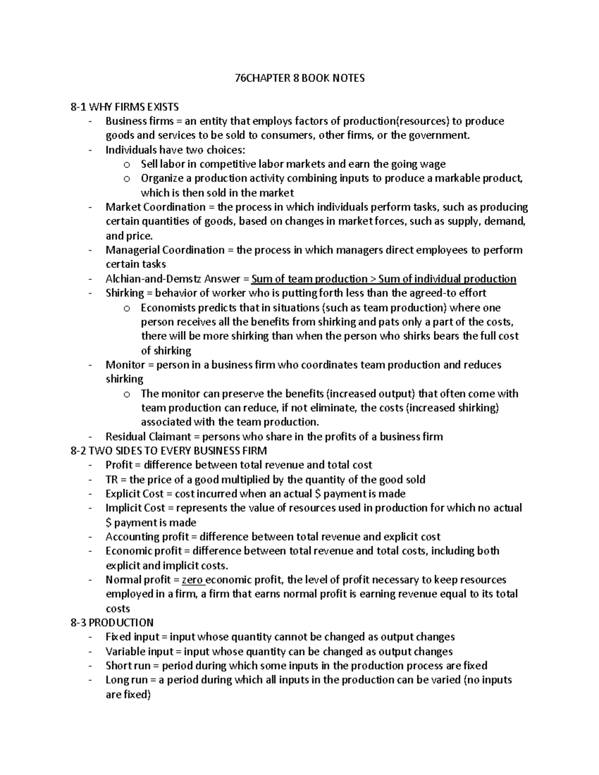 Econ ch 8 notes - 76CHAPTER 8 BOOK NOTES 8-1 WHY FIRMS EXISTS Business ...