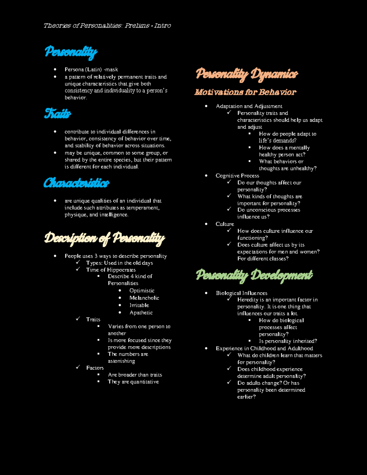 Theories of Personalities Intro - Personality Persona (Latin) -mask a ...