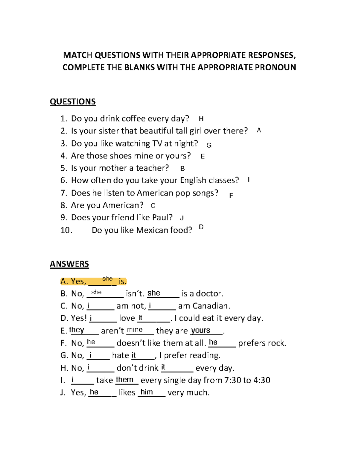 Appropriate Responses - Ss - MATCH QUESTIONS WITH THEIR APPROPRIATE ...
