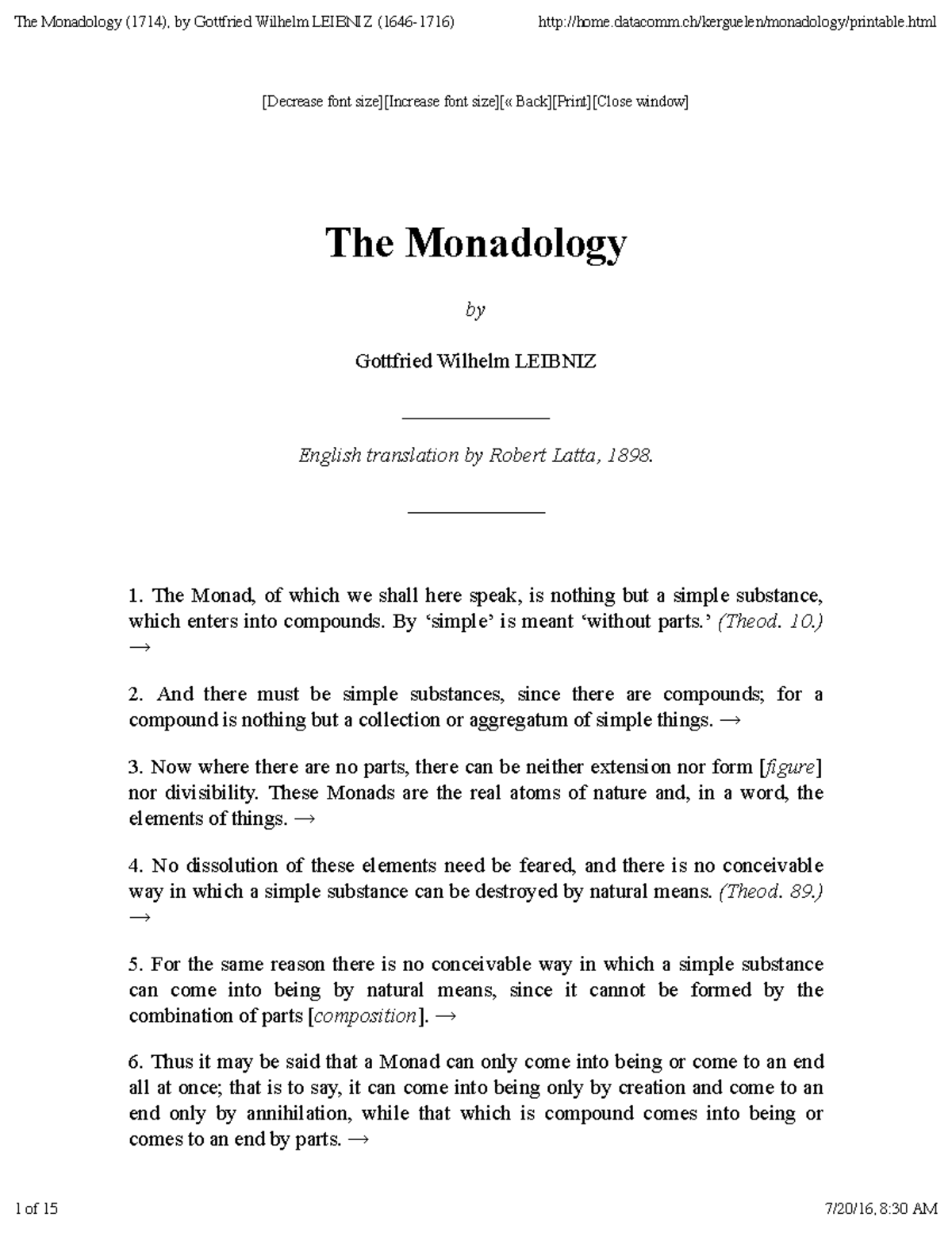 The Monadology 1714 by Gottfried Wilhelm Leibniz 1646 1716 - [Decrease ...
