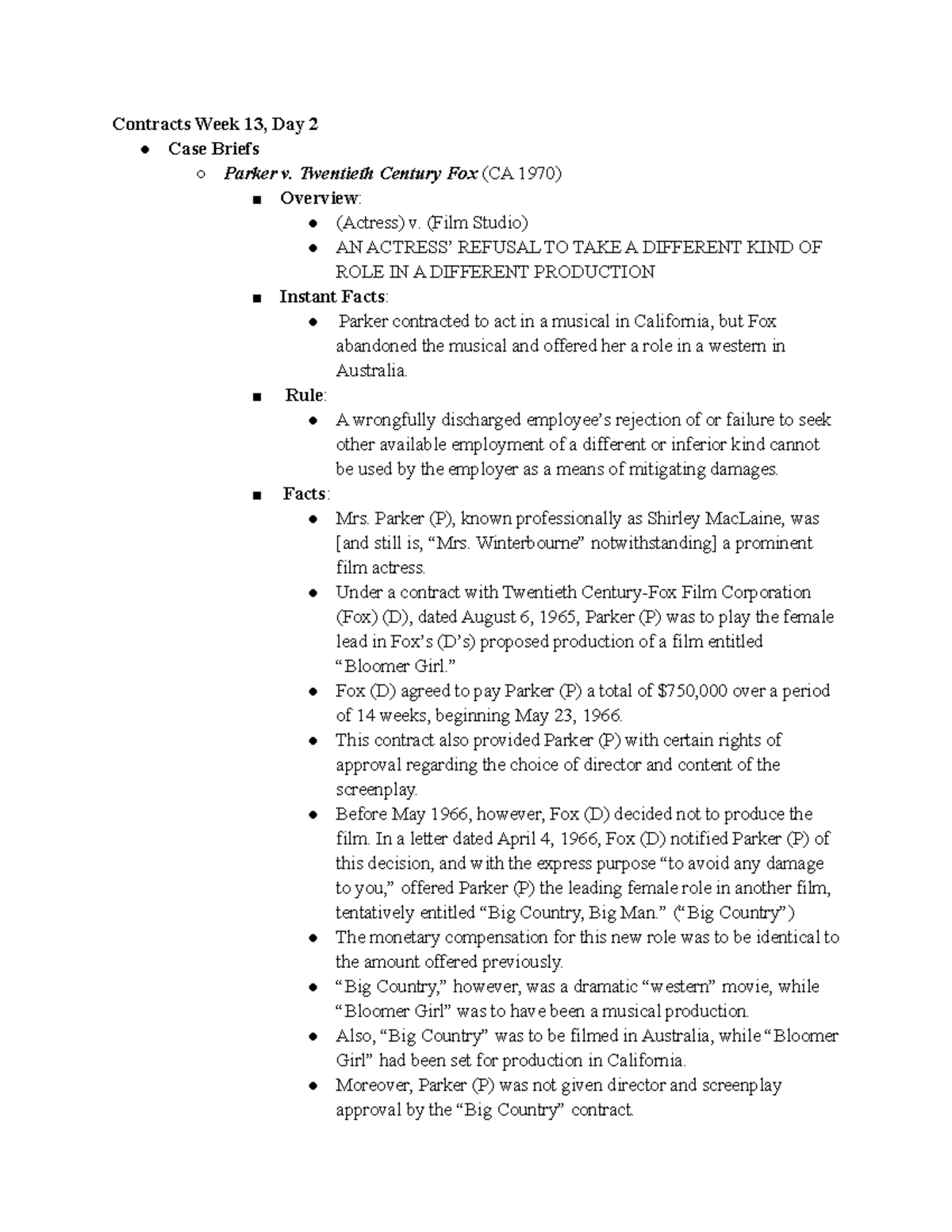 Contracts Week 13 reading - Contracts Week 13, Day 2 Case Briefs Parker ...