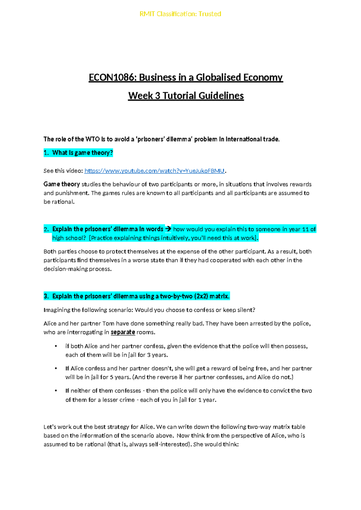 Tutorial 3 Guidelines & Solutions - ECON1086: Business in a Globalised Economy Week 3 Tutorial ...