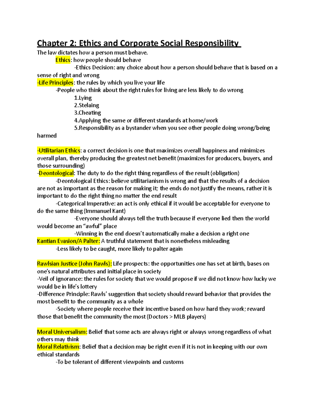 Chapter 2 Book Notes - Chapter 2: Ethics and Corporate Social ...